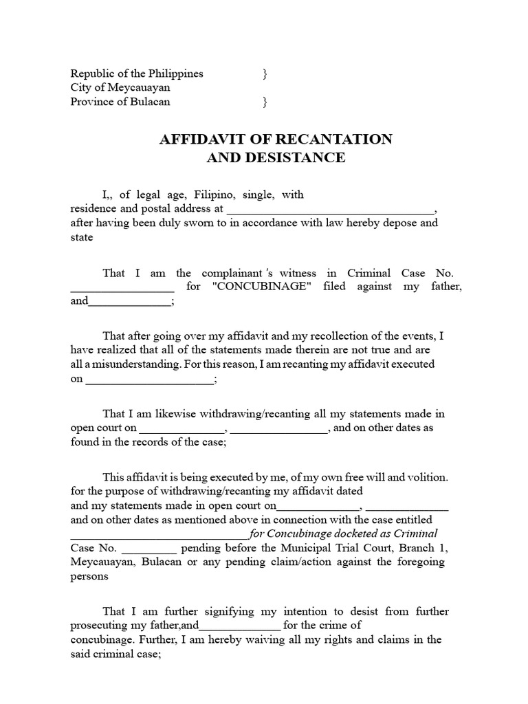 Affidavit Recantation Cohabitation | PDF | Affidavit | Criminal Law