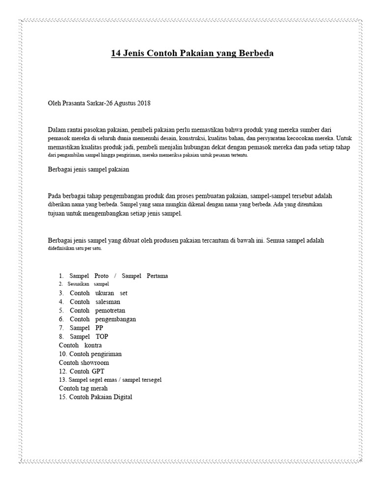 Jenis Sampel Pakaian dalam Produksi | PDF