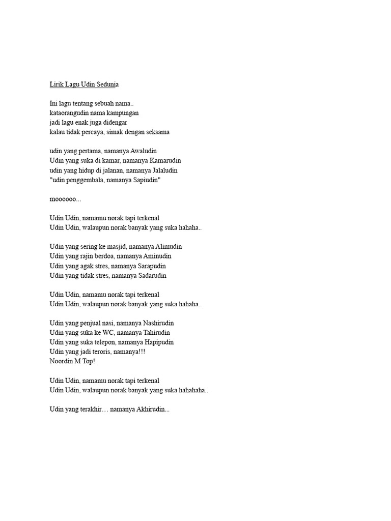 Lirik Lagu Udin Sedunia | PDF