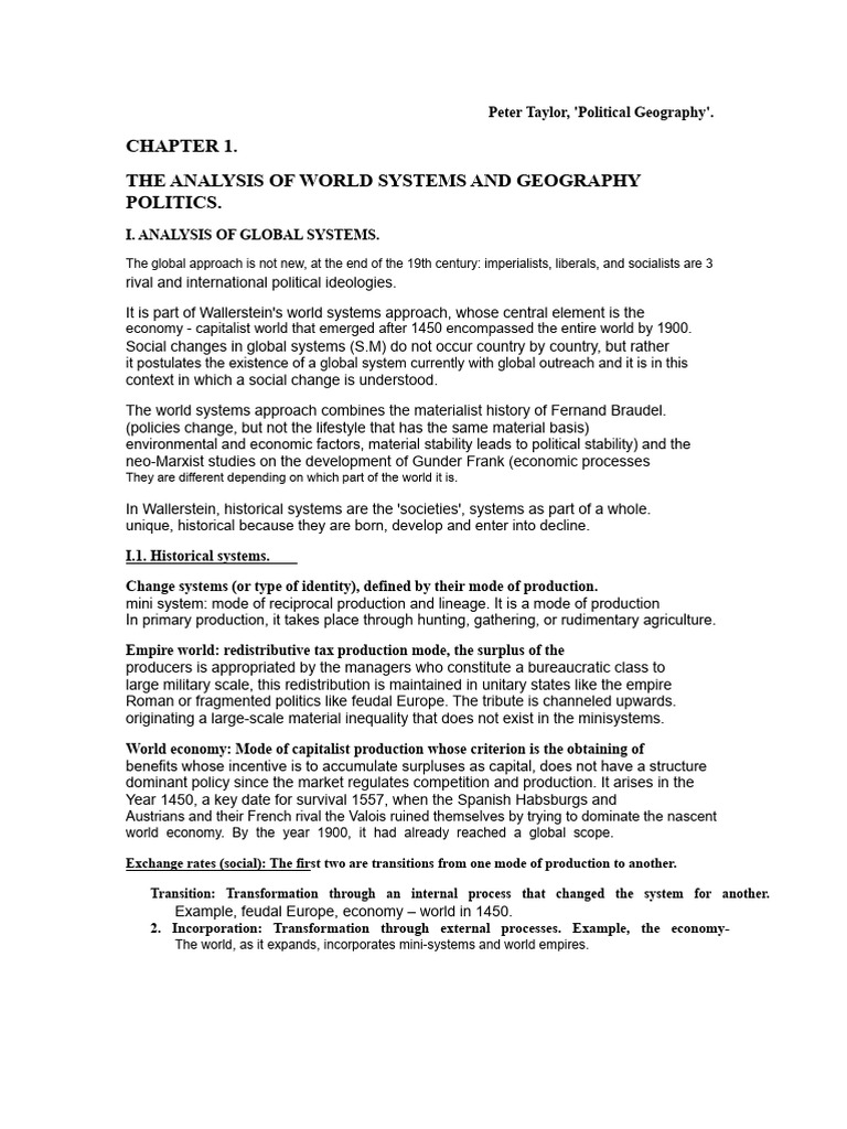 Summary, Peter Taylor Chapters 1, 2, and 3. | PDF | World Systems Theory | Hegemony