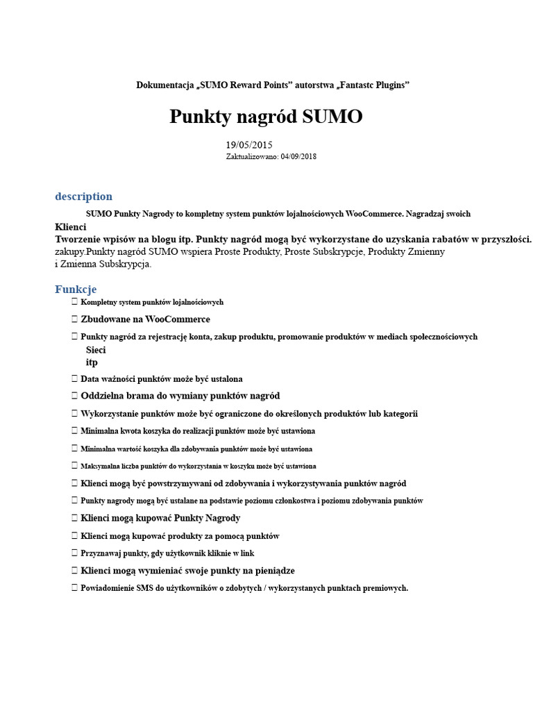 Dokumentacja Punktów Nagród SUMO | PDF