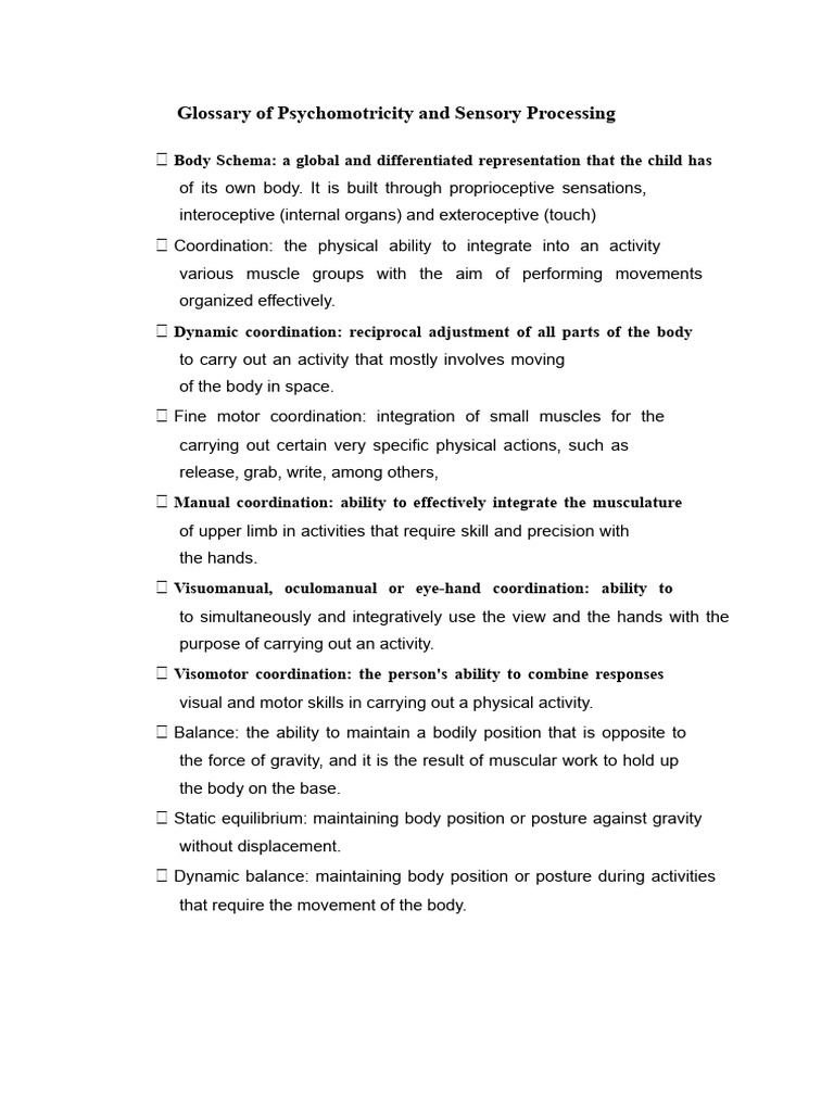 Psychomotricity and Sensory Terms Guide | PDF | Somatosensory System ...