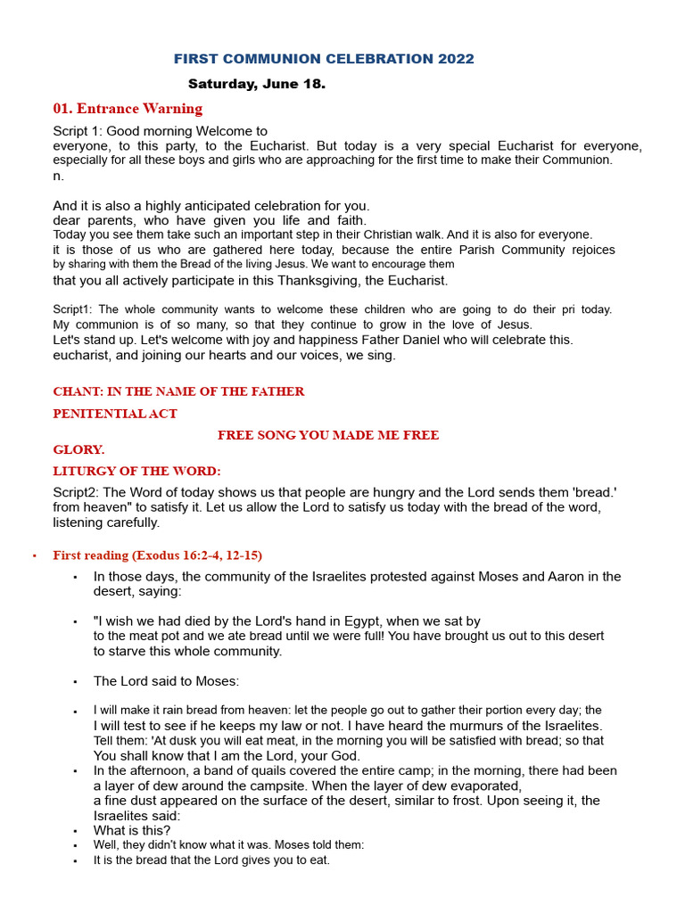 First Communion Celebration 2022 Guide | PDF | Eucharist | Mass (Liturgy)