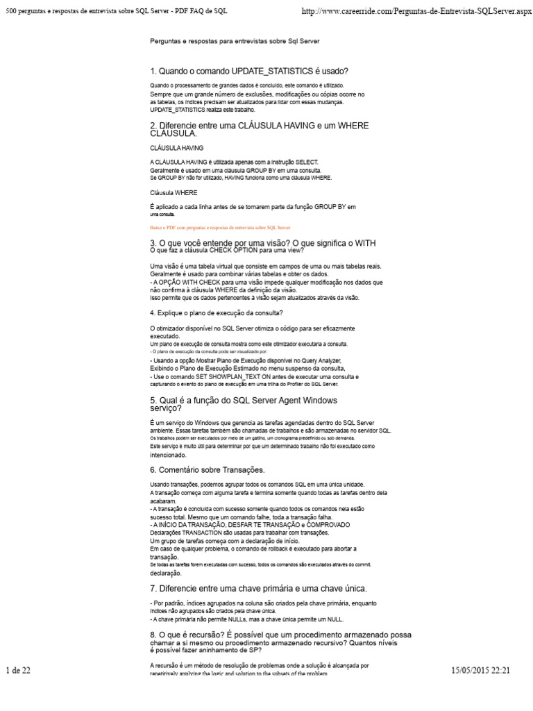 500 Perguntas e Respostas de Entrevista Sobre SQL Server - PDF de FAQ SQL | PDF | Microsoft SQL ...