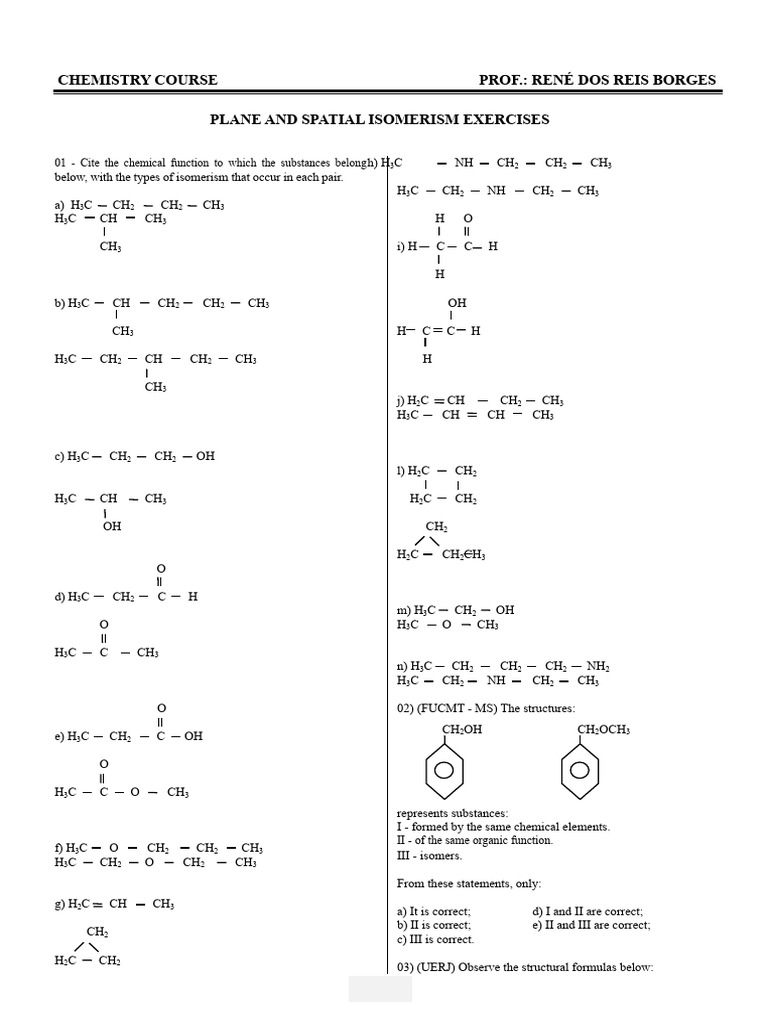 Exercises on Planar and Spatial Isomerism | PDF | Isomer | Alkene