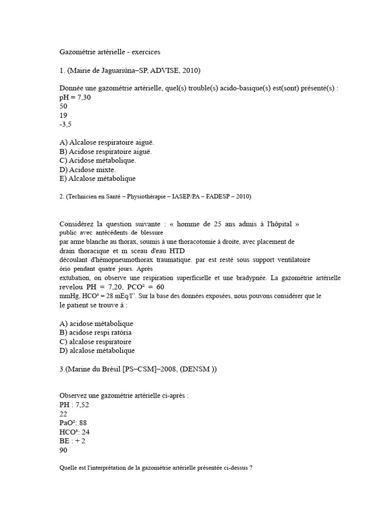 Exercices de gazométrie artérielle | PDF | Système endocrinien ...