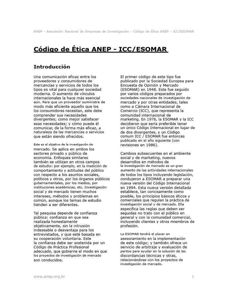 Código de Ética ANEP-ICC/ESOMAR | PDF | Investigación de mercado ...