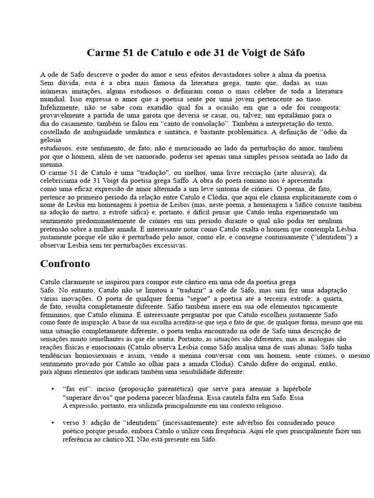 Análise Comparativa: Catulo e Sáfo | PDF | Amor | Lésbico