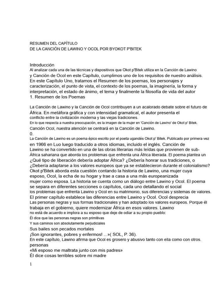 Resumen de "Canto de Lawino" en PDF | PDF | Oración | Canciones