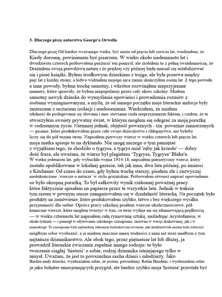 Dlaczego Piszę Autorstwa George'a Orwella | PDF