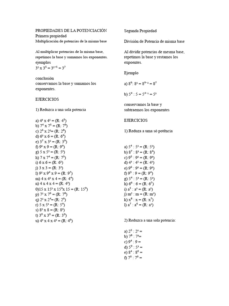 Propiedades de La Potenciación | PDF | Exponenciación | Números