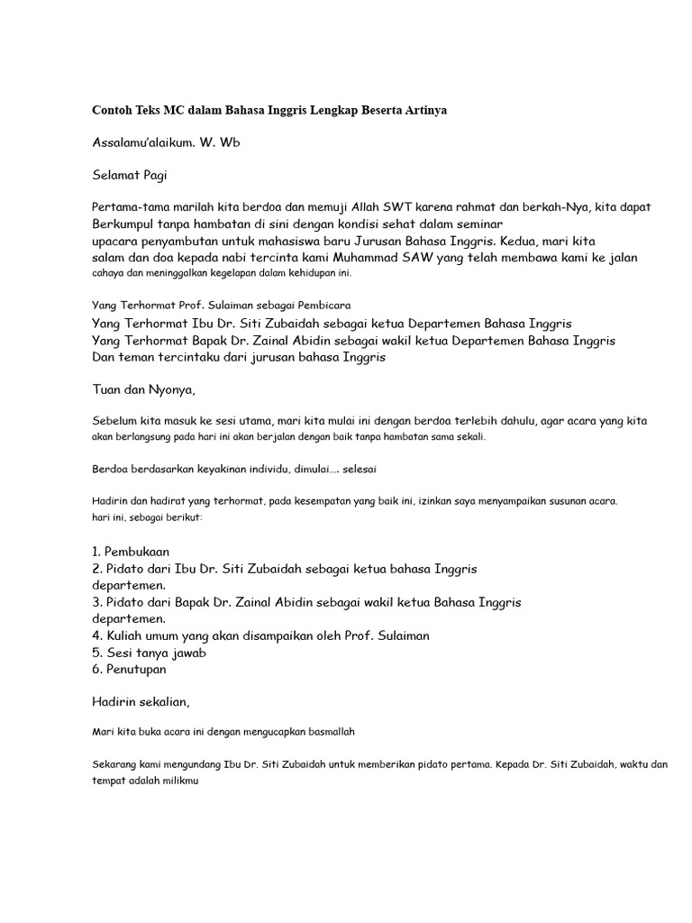 Contoh Teks MC Dalam Bahasa Inggris Leng | PDF