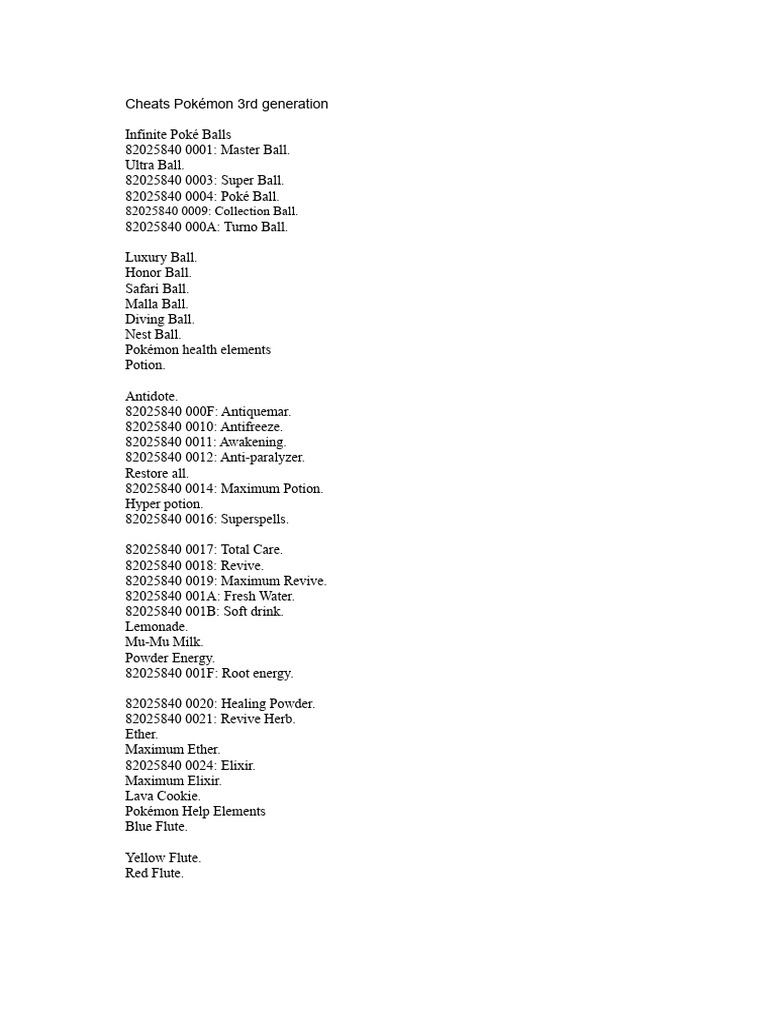 Pokémon 3rd Gen Cheat Codes Guide | PDF