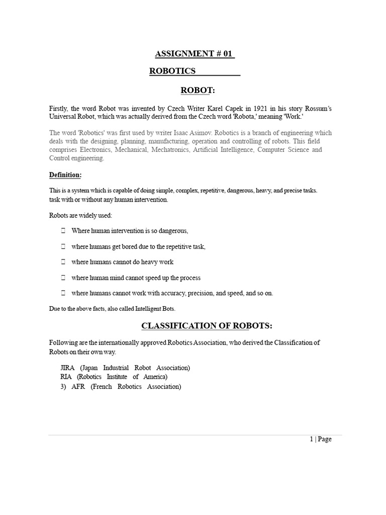 Assignment - Robotics - Robots Classification - JIRA RIA AFR | PDF | Robot | Robotics