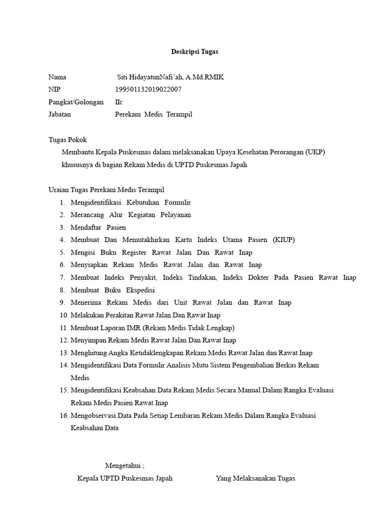 Tugas Perekam Medis di Puskesmas Japah | PDF