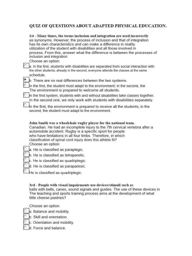 Adapted Physical Education Quiz | PDF | Disability | Hearing Loss