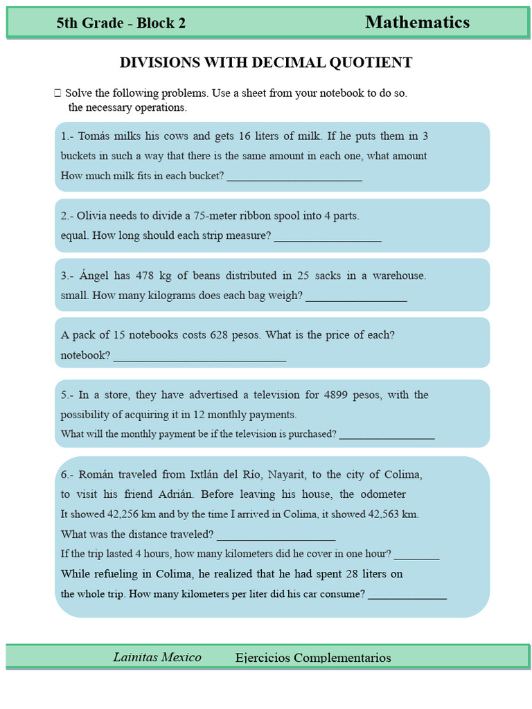 5th Grade - Mathematics - Division With Decimal Quotients | PDF