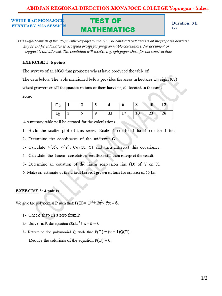 White Bac Test 2023 Mathematics Series G2 Monajoce College Yopougon ...