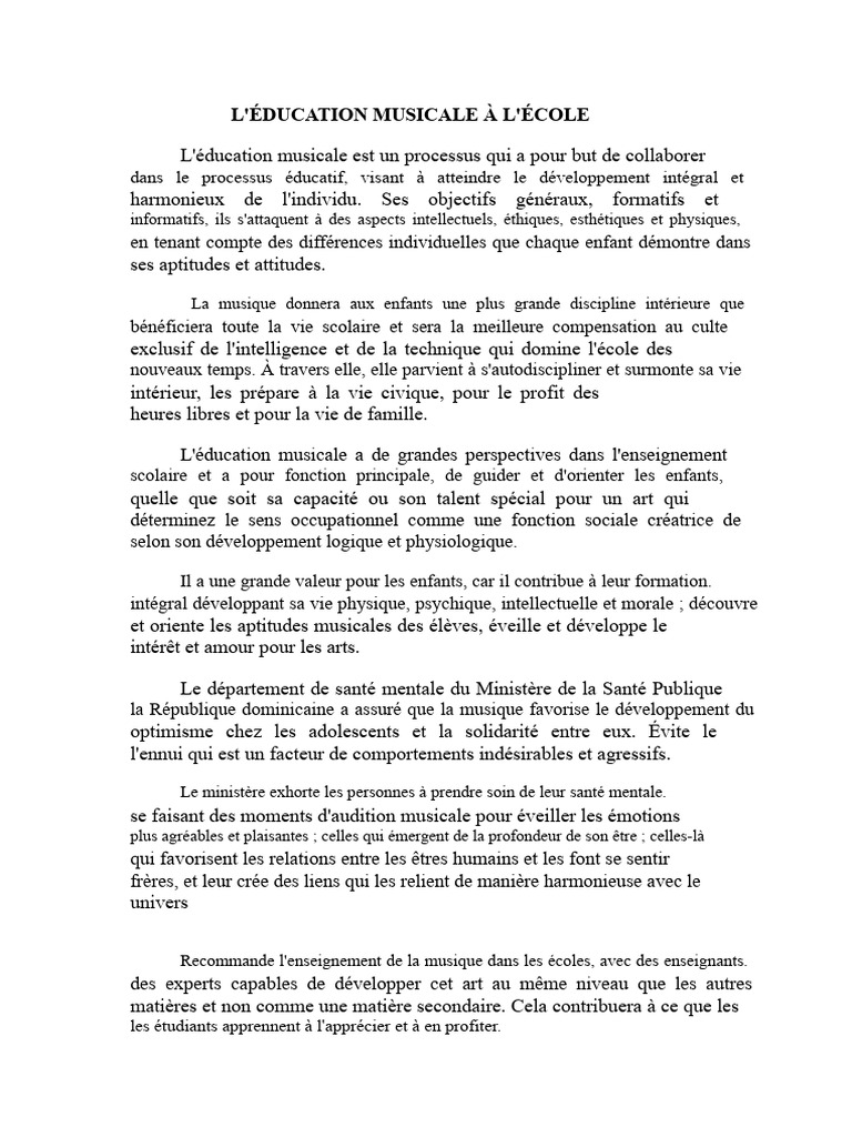 Importance de l'éducation musicale scolaire | PDF | Pédagogie | Mémoire