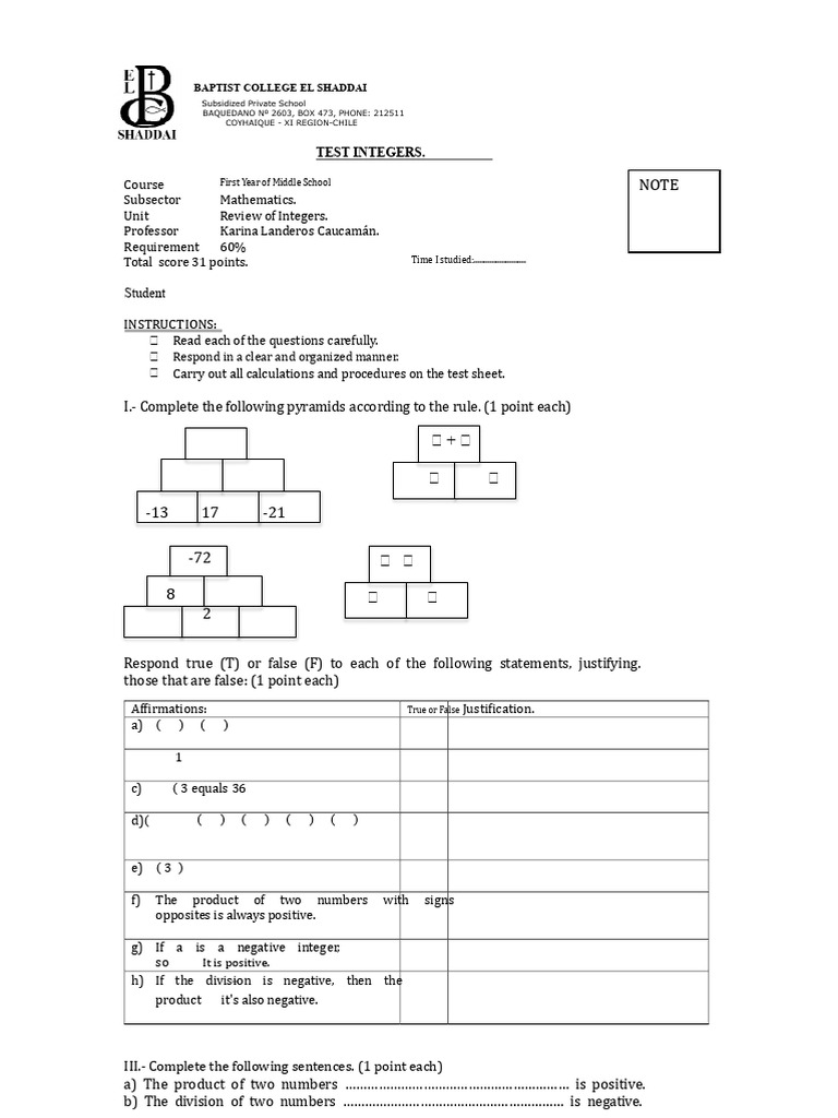 Middle School Math Test on Integers | PDF | Mathematics