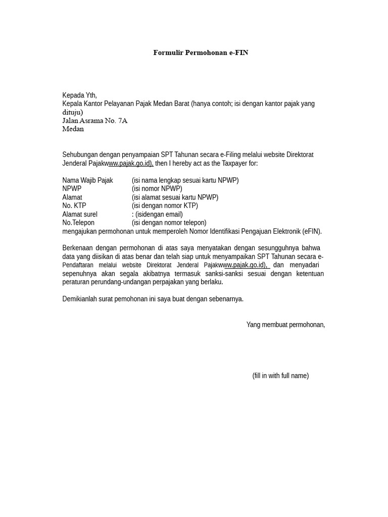 Contoh Permohonan e-FIN Pajak | PDF