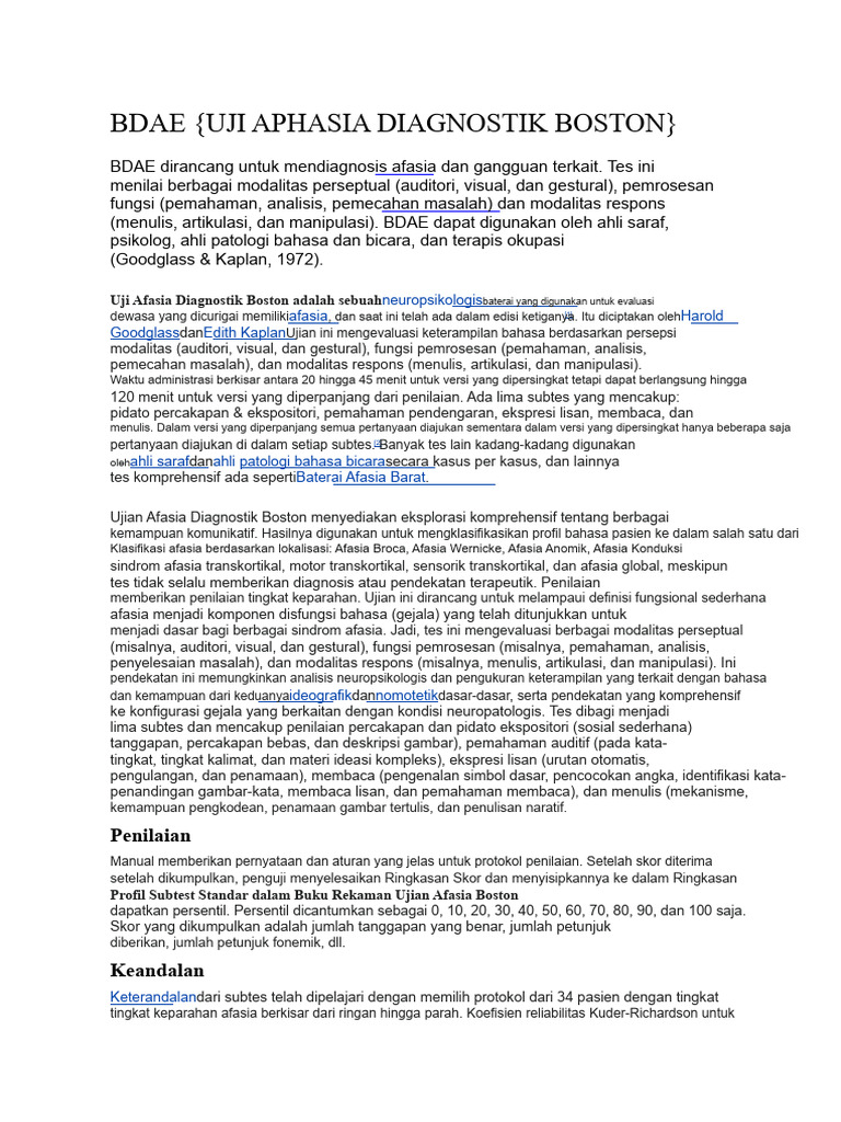 Dokumen Pemeriksaan Afasia Diagnostik Bdae Boston | PDF