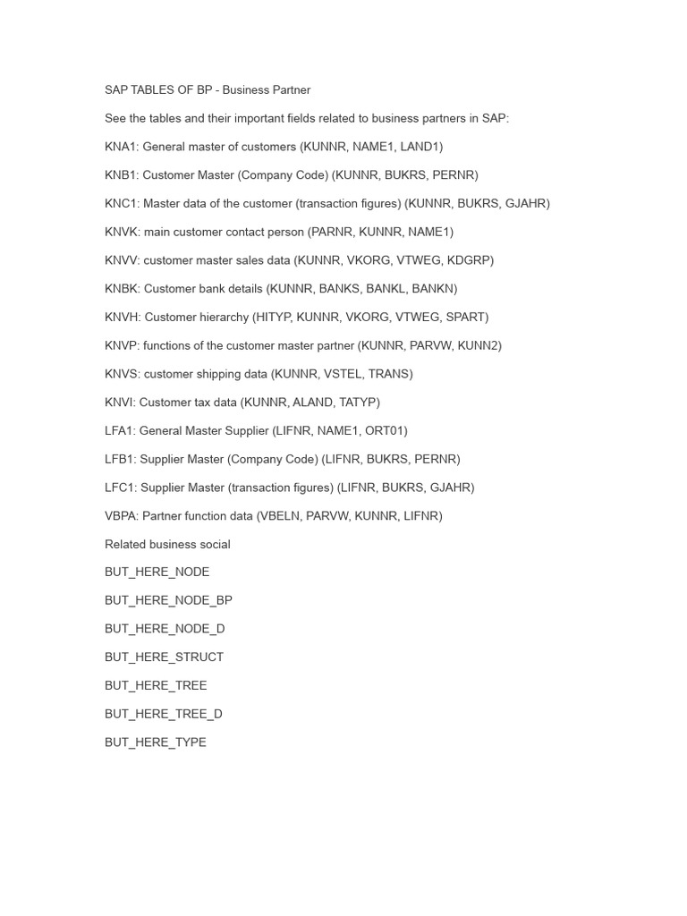 SAP Business Partner Tables Overview | PDF