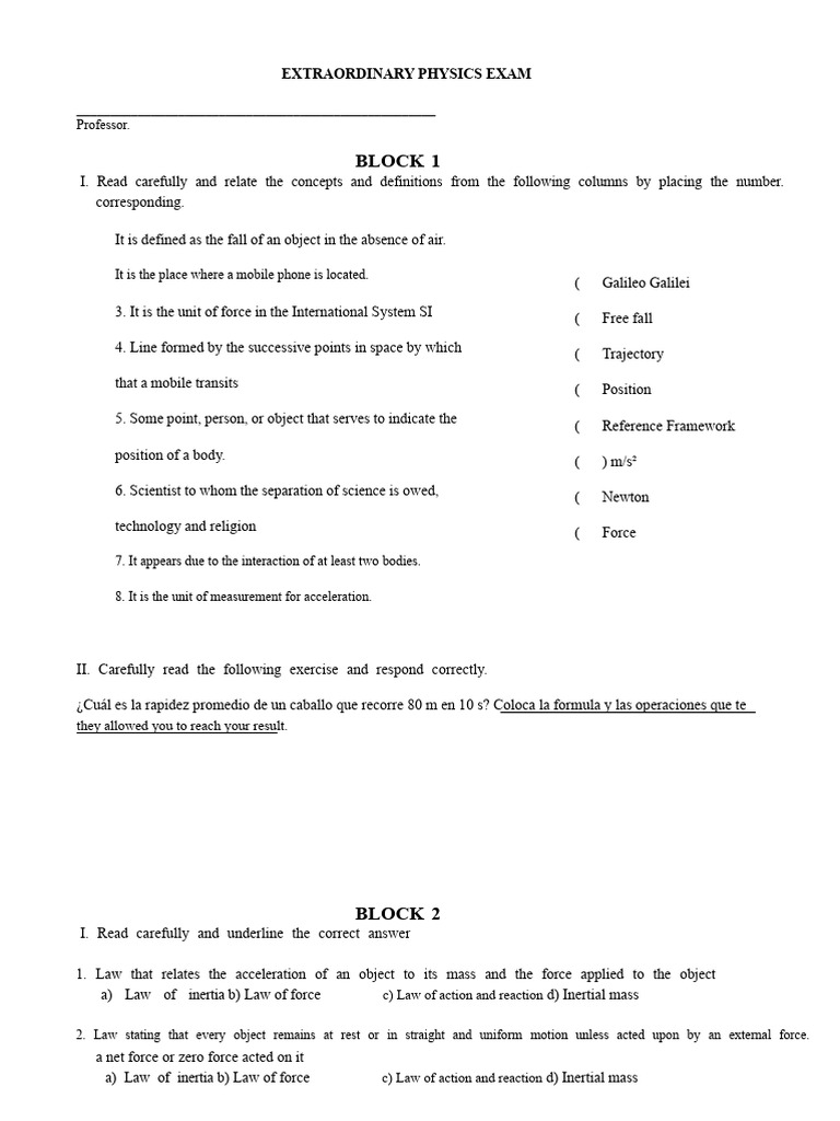 Extraordinary Physics Exam EXAMPLE | PDF | Force | Mass