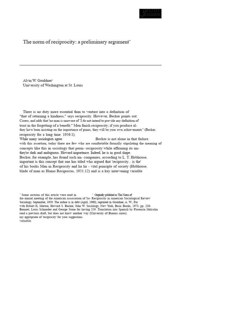 Alvin Gouldner The Norm of Reciprocity | PDF | Sociology | Exploitation Of Labour
