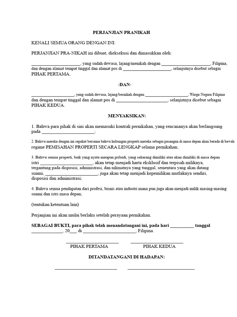Contoh Perjanjian Pra Nikah Filipina | PDF