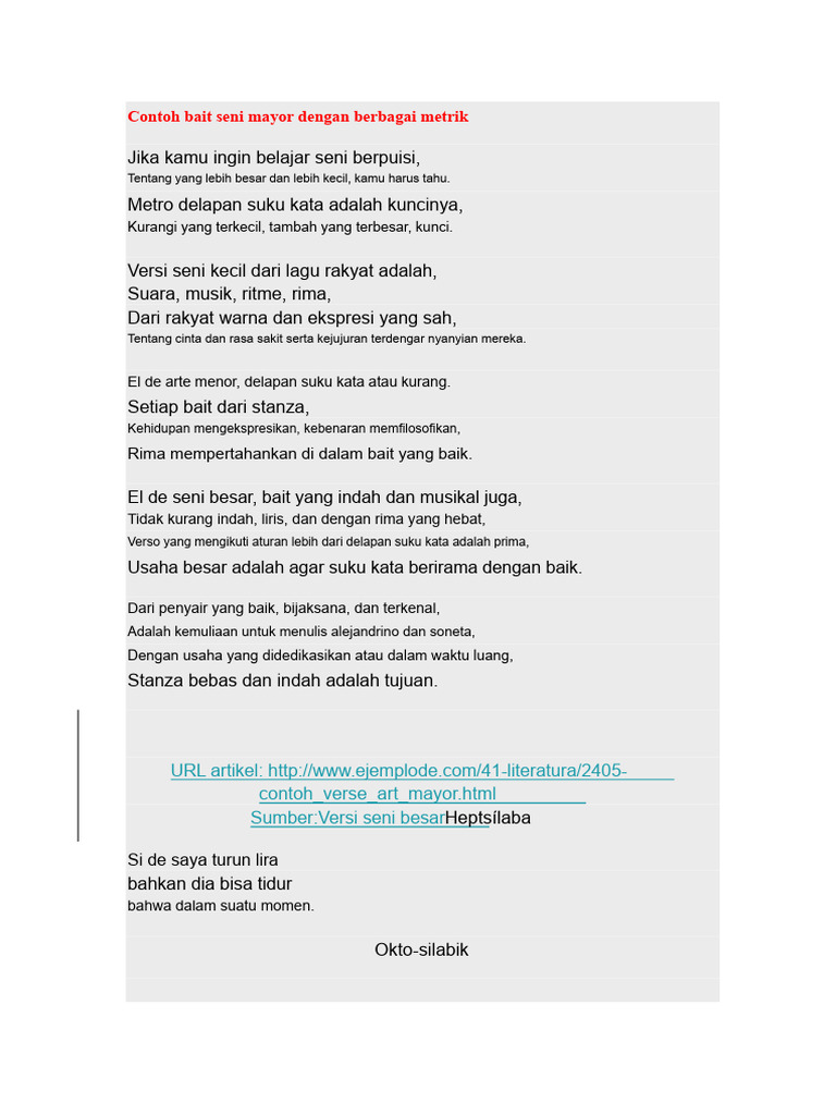 Contoh Puisi Seni Mayor dan Metrik | PDF