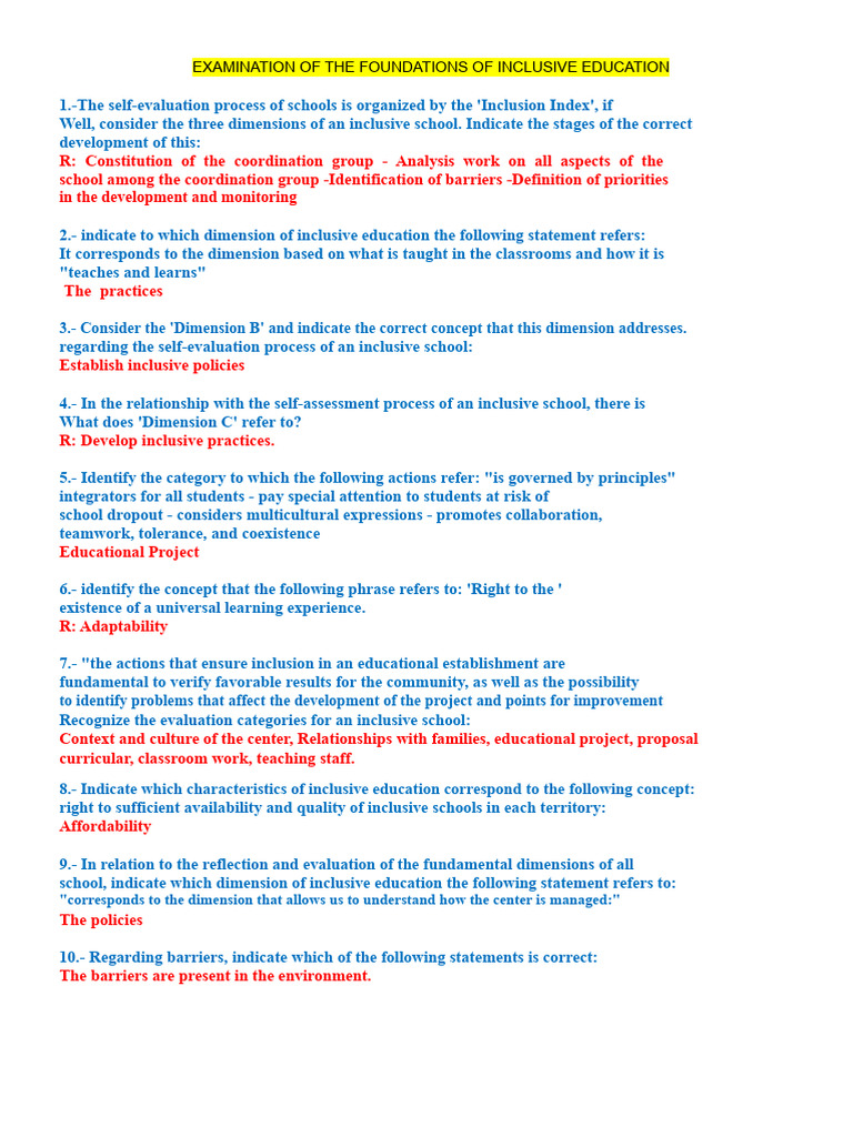 Exam of The Fundamentals of Inclusive Education | PDF | Inclusion ...