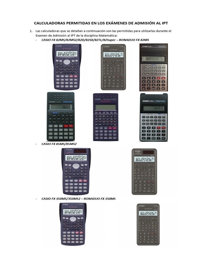 Calculadoras Aprobadas para Exámenes IPT | PDF