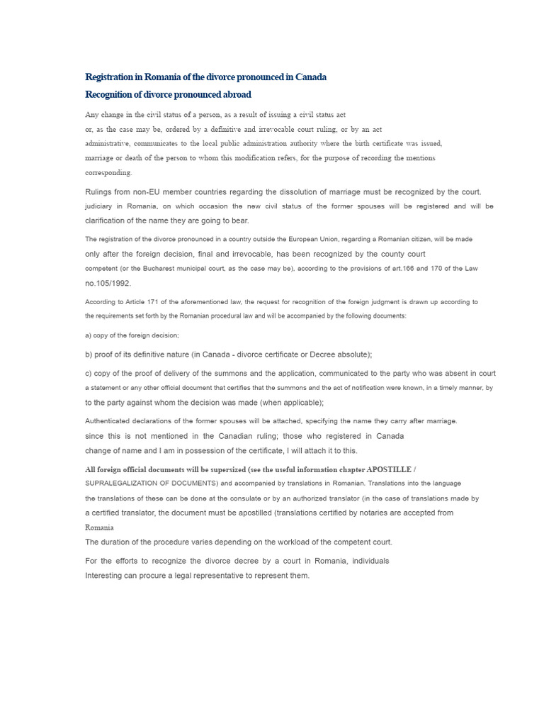 Registration in Romania of Divorce Granted in Canada | PDF | Birth ...