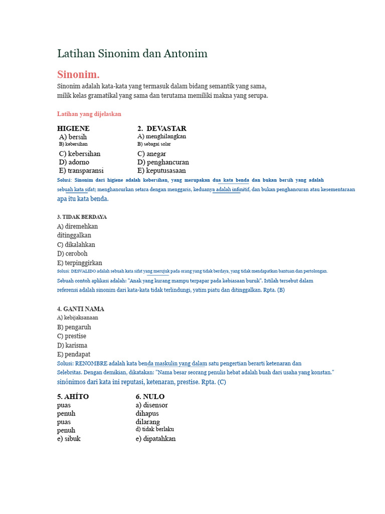 Latihan Sinonim dan Antonim Bahasa | PDF