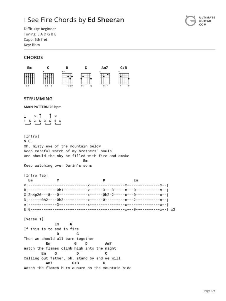 Acorduri I See Fire (ver 3) de Ed Sheeran tabs @ Ultimate Guitar Archive | PDF