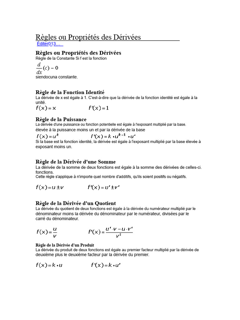 Règles des Dérivées en Mathématiques | PDF