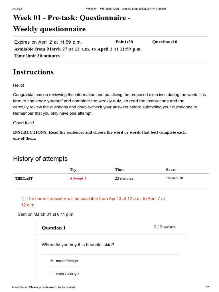 Week 01 - Pre-Task Quiz - Weekly Quiz - ENGLISH IV (18629) | PDF