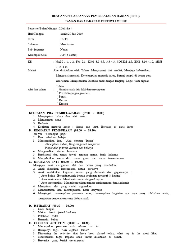 RPPH Tema Diriku-Identitasku | PDF