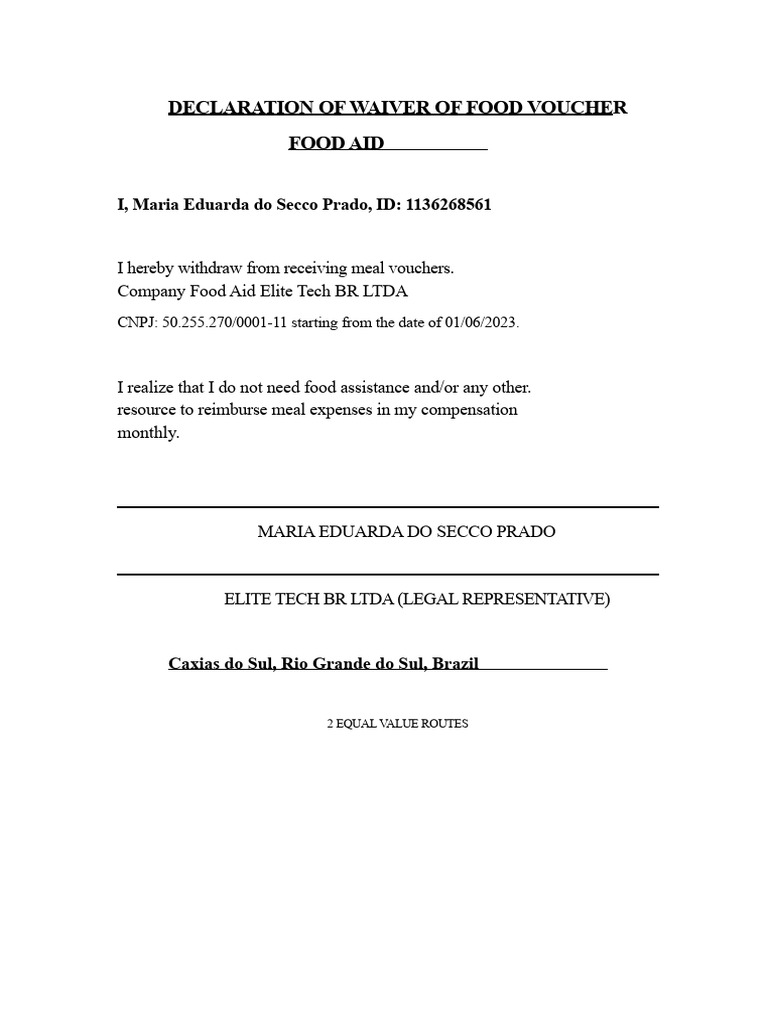 Waiver of Food Voucher Declaration | PDF