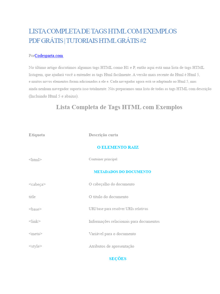 Lista Completa de Tags HTML Com Exemplos PDF Grátis | PDF | Html | Html5