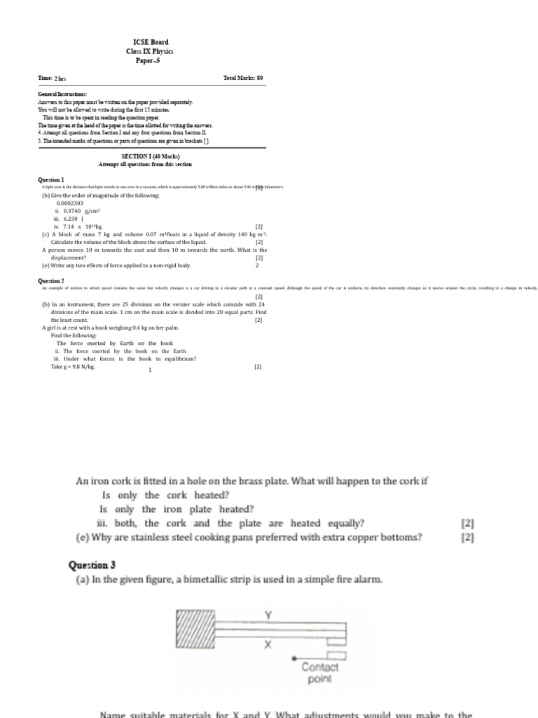 Physics 9 ICSE Sample Paper 10 | PDF | Force | Mirror