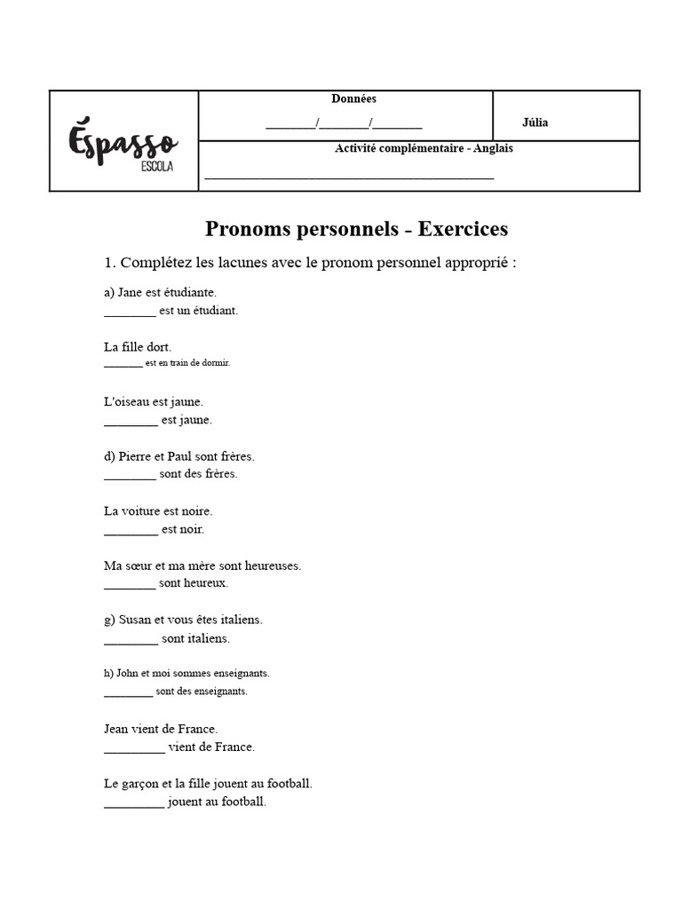 Exercices sur les pronoms personnels anglais | PDF