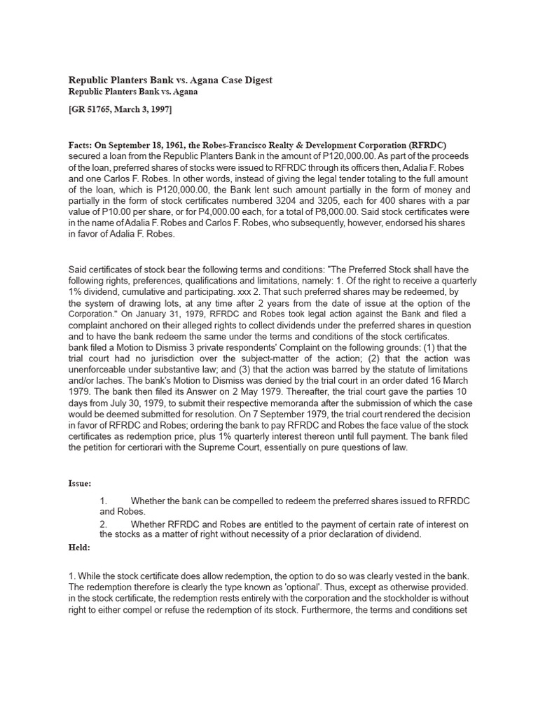 Republic Planters Bank Vs Agana | PDF | Preferred Stock | Dividend