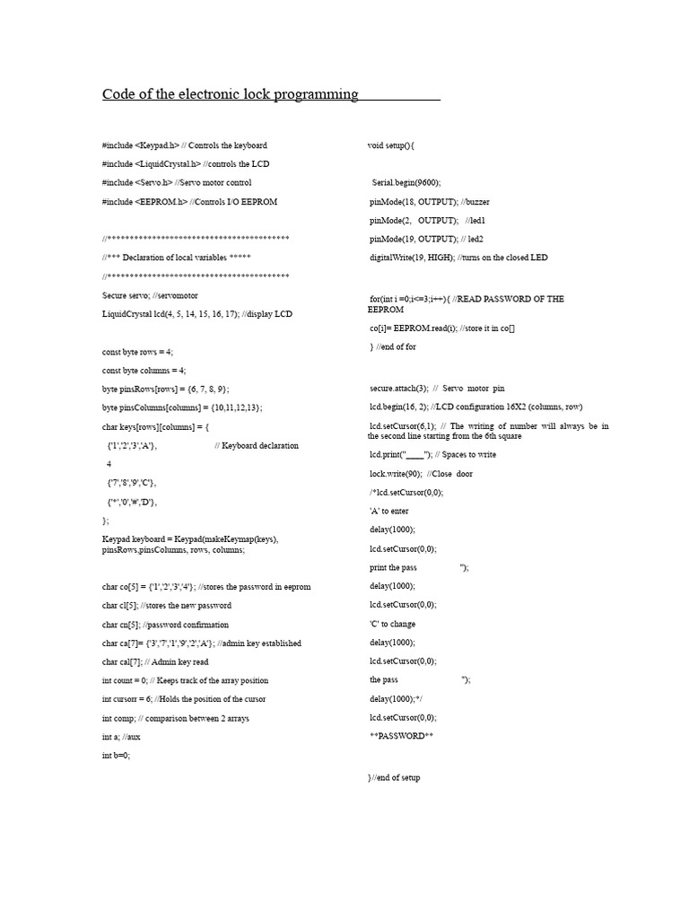 Code For The Programming of The Electronic Lock | PDF | Software Engineering | Computer Engineering