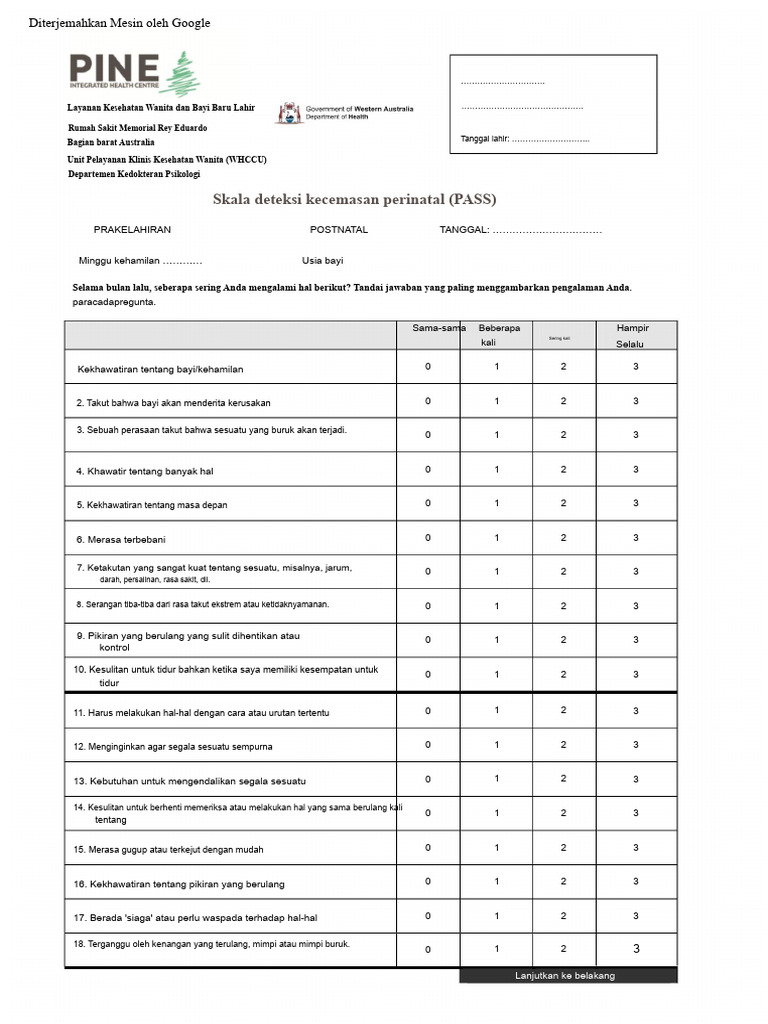 Skala Deteksi Kecemasan Perinatal (PASS) | PDF