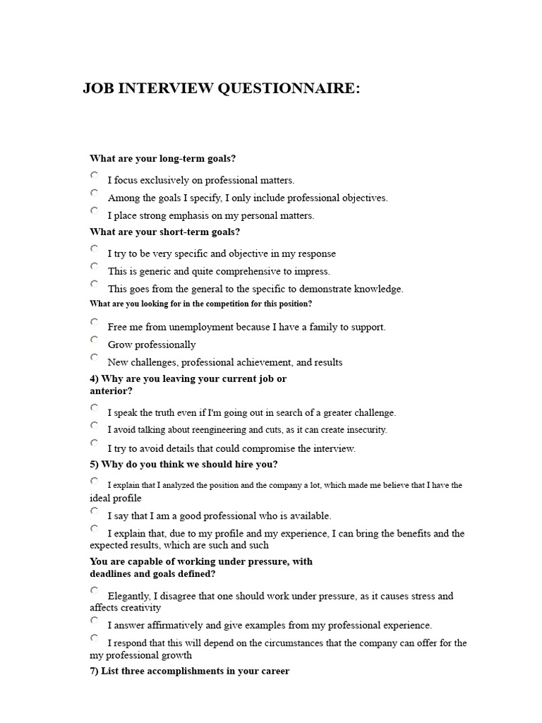Job Interview Questionnaire | PDF | Job Interview | Interview