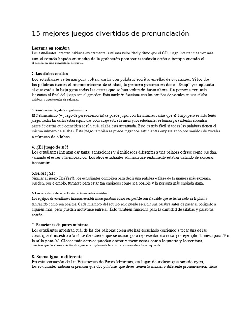 15 Mejores Juegos Divertidos de Pronunciación | PDF | Sílaba | Palabra