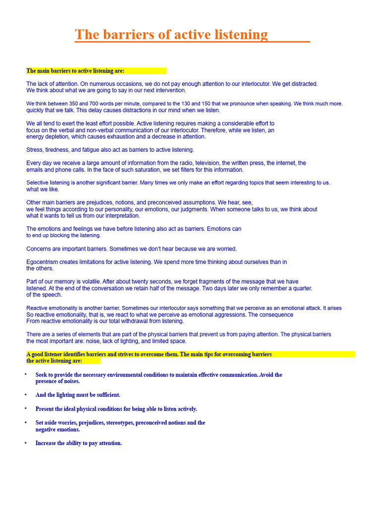 Overcoming Active Listening Barriers | PDF | Attention | Cognitive ...