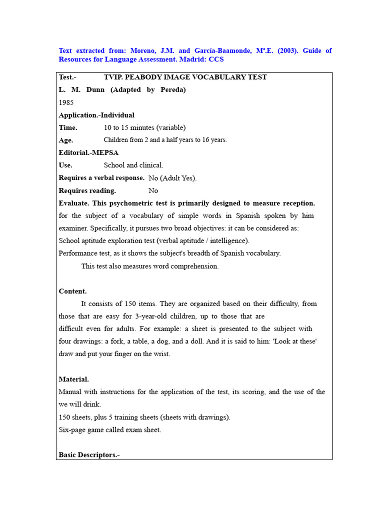 Peabody Picture Vocabulary Test Guide | PDF
